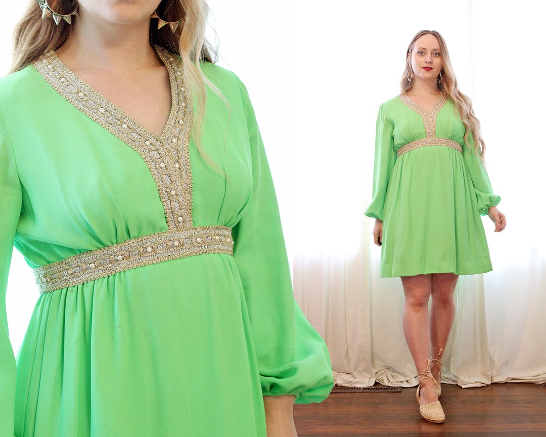 Vintage 1960s Lime Green Poet Sleeve Mini Skater Babydoll Dress V Neck ...