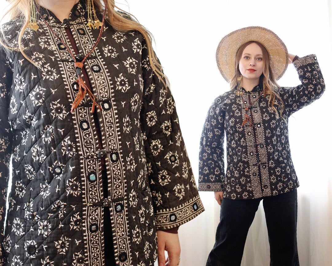 Vintage Ramona Rull 1970s Black White Block Print Quilted Cotton Jacket ...