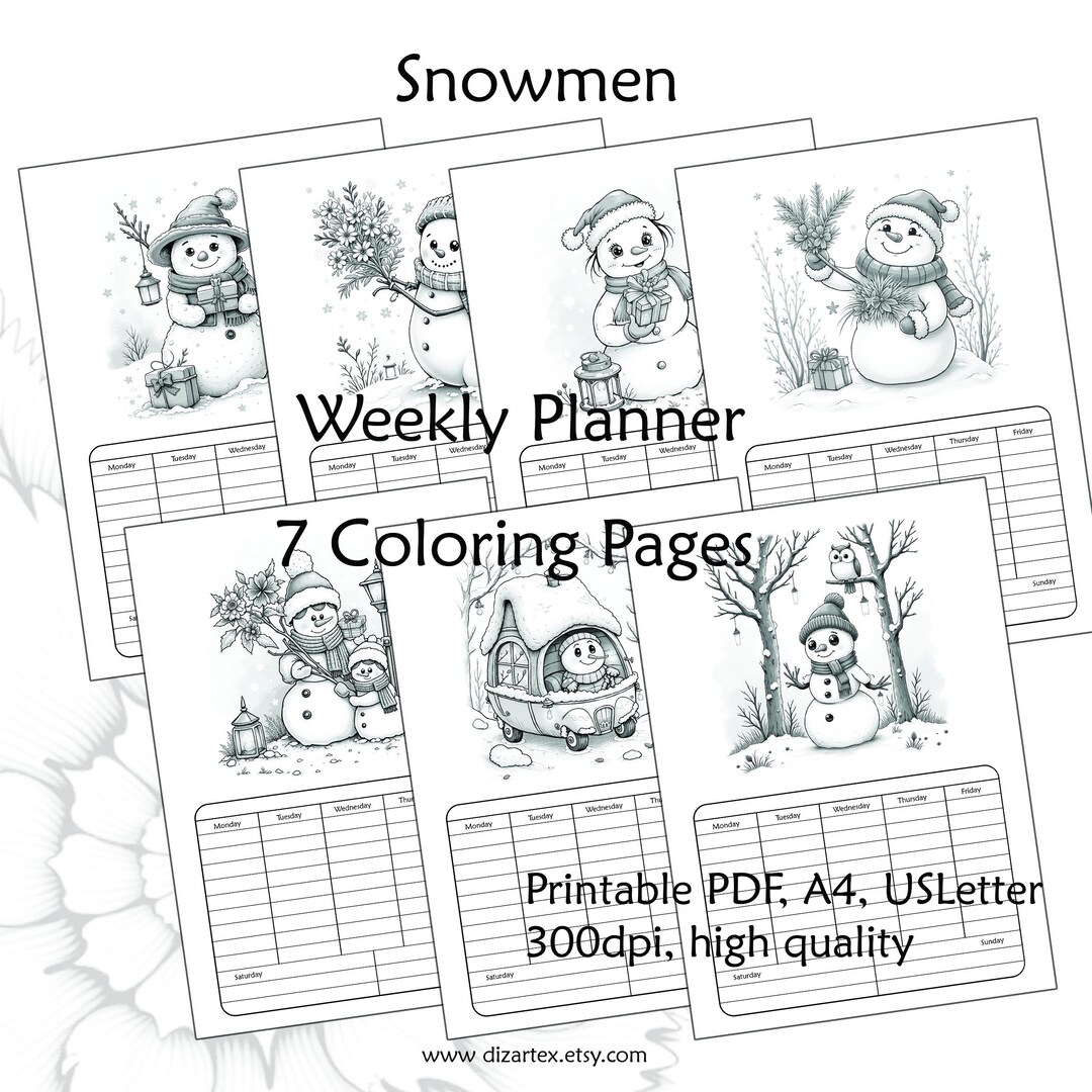 Snowmen, Easy Weekly Planner, 7 Coloring Pages, Digital Download ...