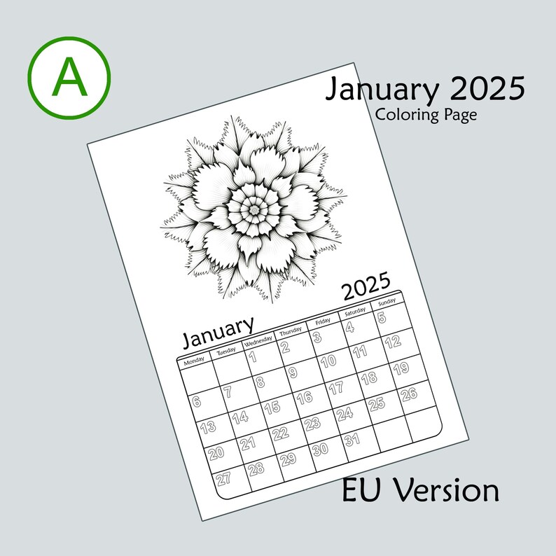 January 2025 Floral Coloring Page, Floral Calendar, Rounded Flower ...