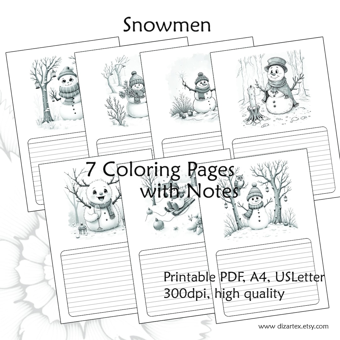 Snowmen, 7 Coloring Pages, Notes, Positive, Daily Notes,printable PDF ...