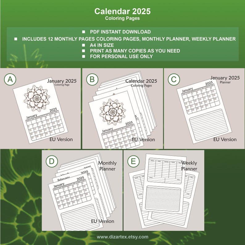 January 2025 Floral Coloring Page, Floral Calendar, Rounded Flower ...