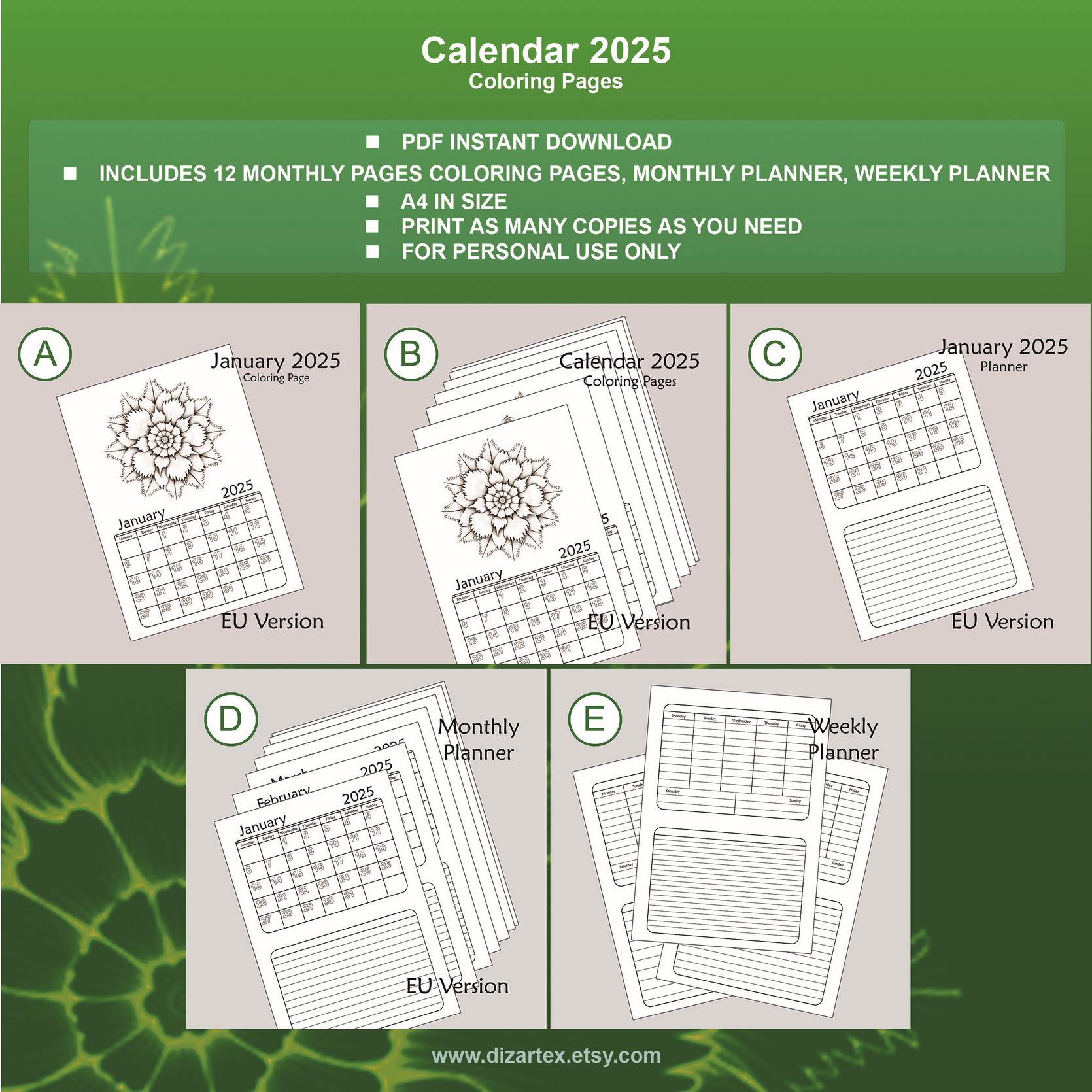 January 2025 Floral Coloring Page, Floral Calendar, Rounded Flower ...