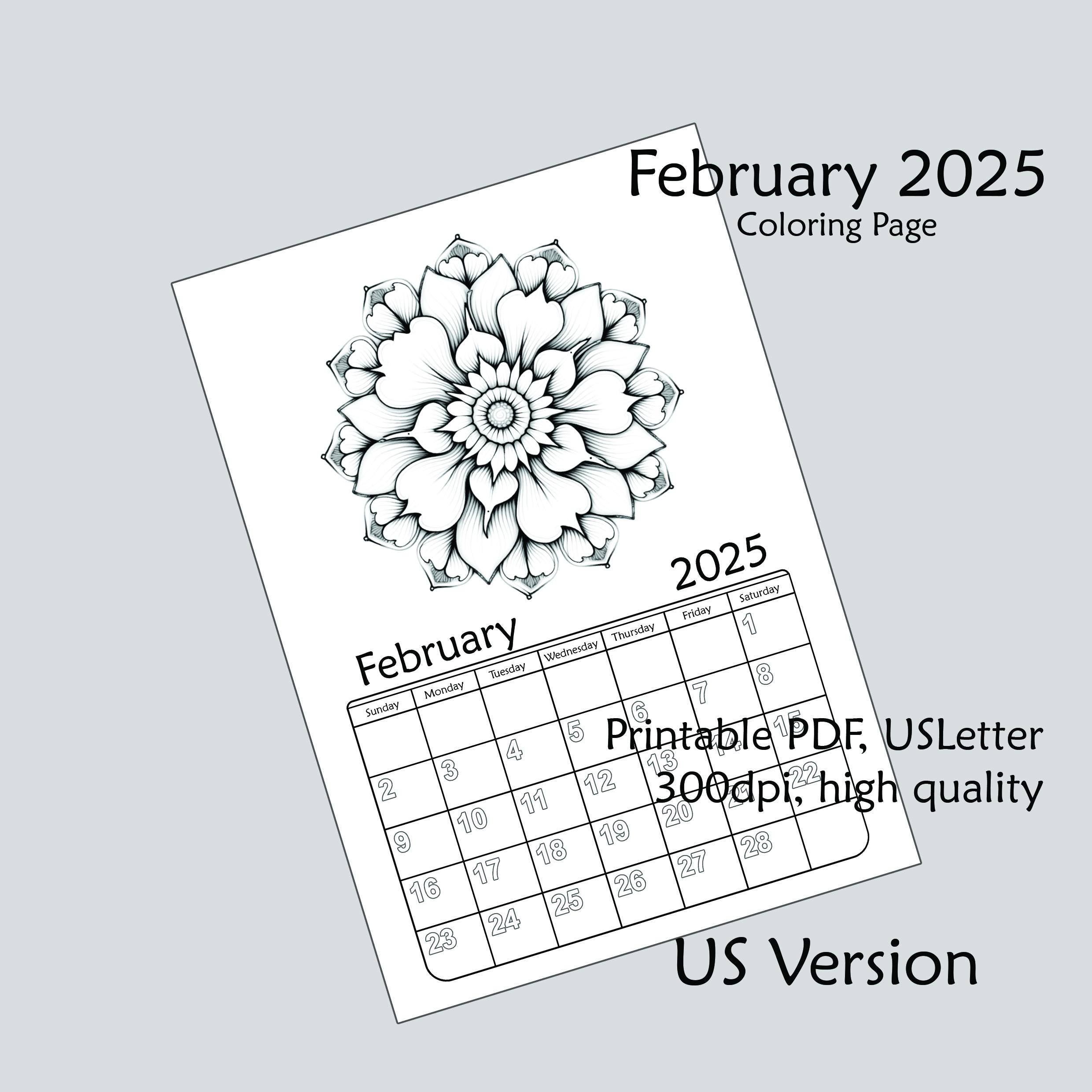 February 2025 Floral Coloring Page, Floral Calendar, Greyscale Rounded ...