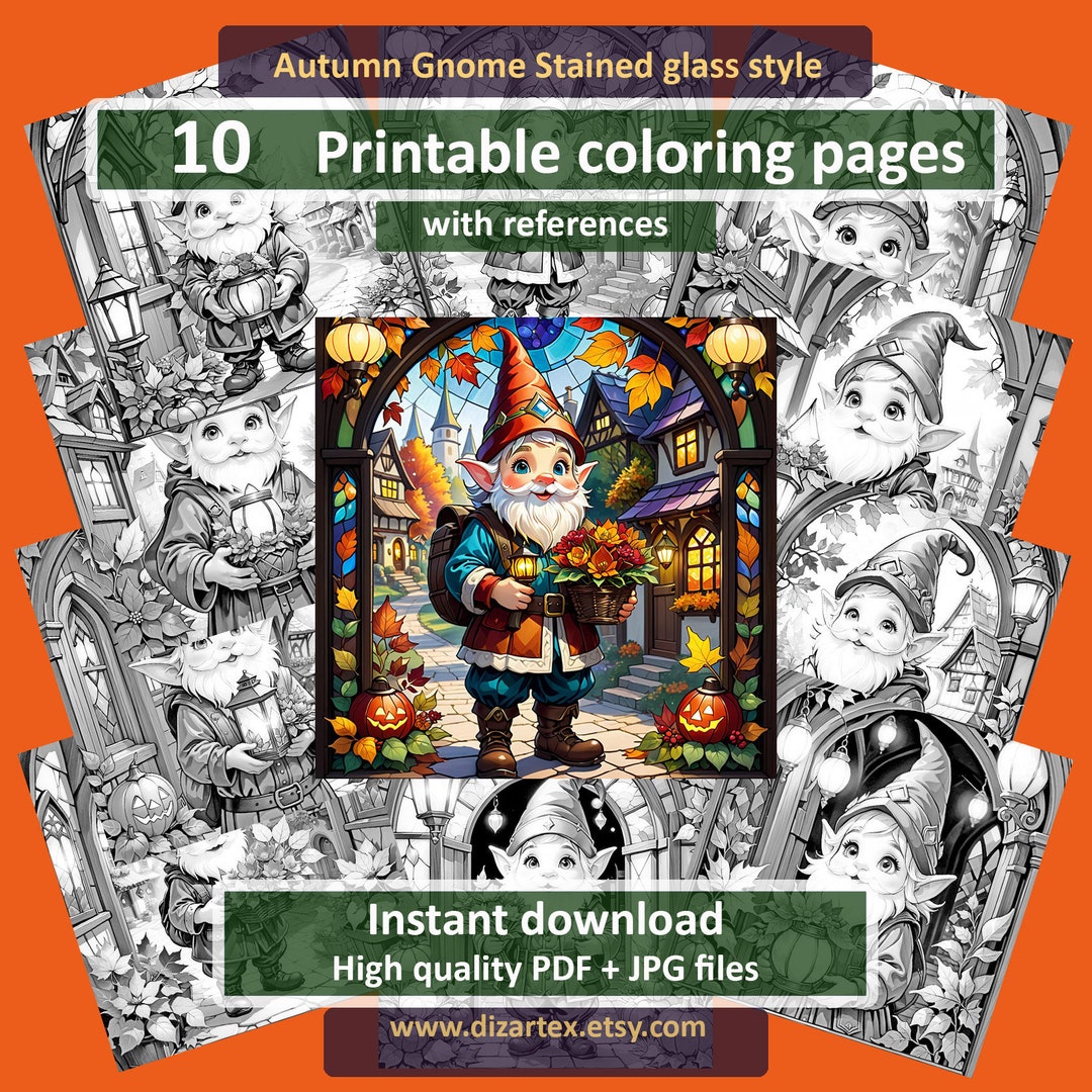 Autumn Gnome 10 Coloring Pages, References, Clipart, Stained Glass ...