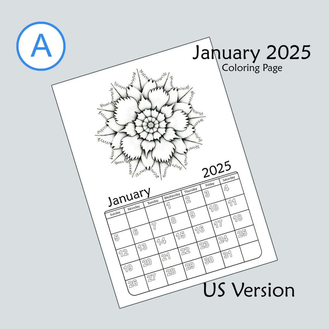 January 2025 Floral Coloring Page, Floral Calendar, Rounded Flower ...