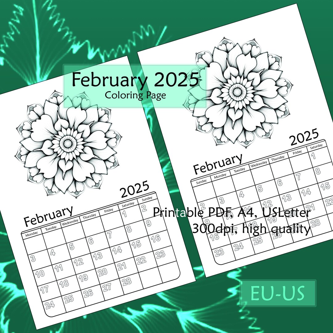 February 2025 Floral Coloring Page, Floral Calendar, Greyscale Rounded ...
