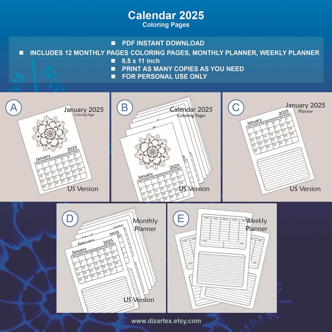 January 2025 Floral Coloring Page, Floral Calendar, Rounded Flower ...