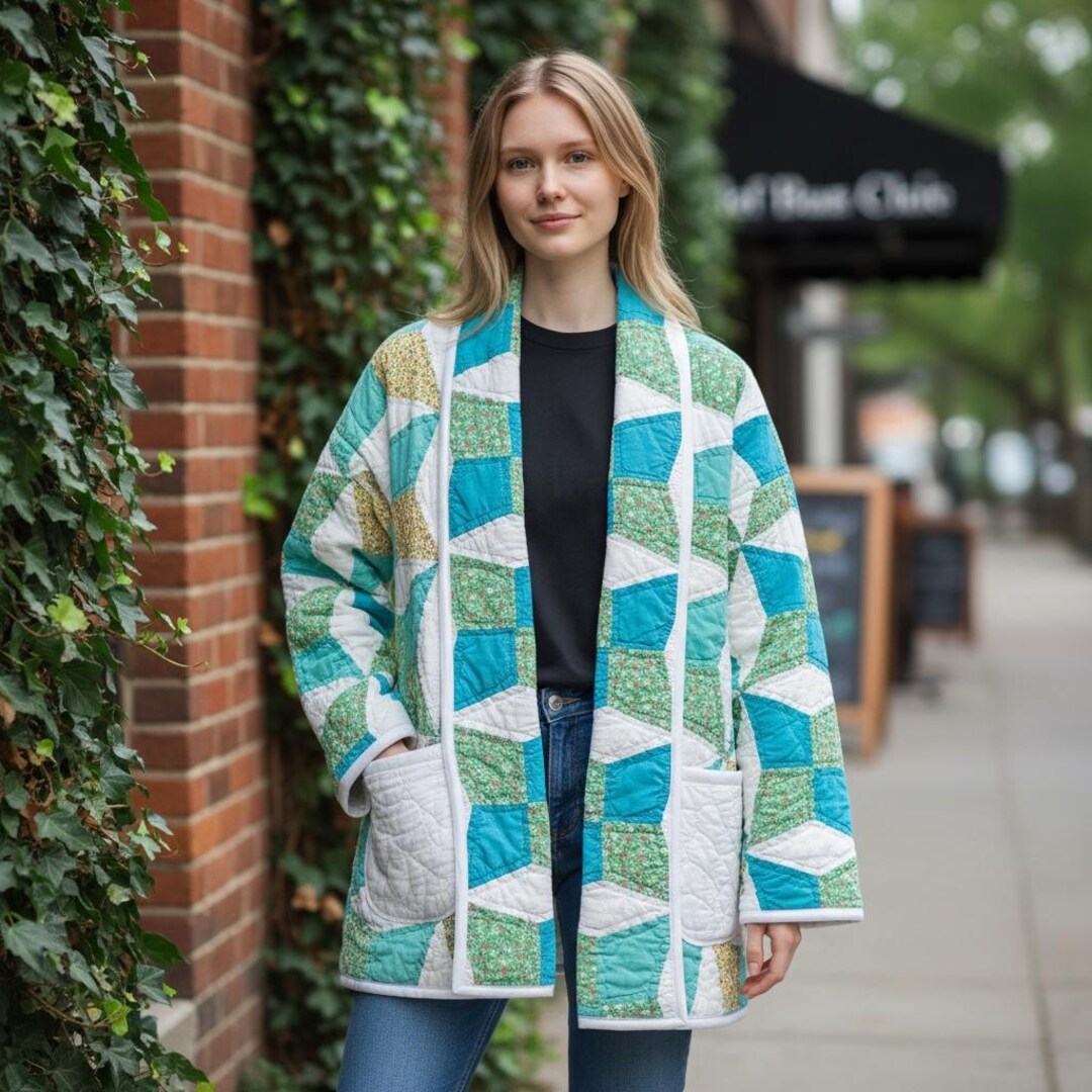 Vintage Quilt Jacket XS/S • Handmade Patchwork Coat • Cropped Sleeve ...