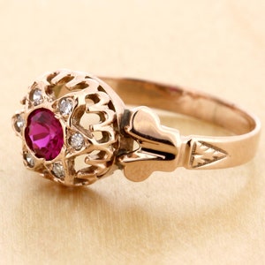 Victorian Era Synthetic Red Ruby Ring With Diamond Accents in 18K Gold ...