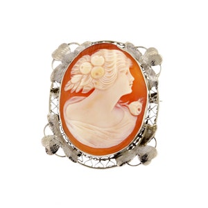 14K White Gold Cameo Carved Shell Brooch With Heart Filigree Peony ...