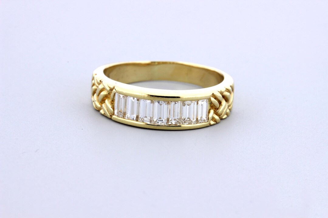 14K Yellow Gold Woven Crosshatch Design White Diamond Baguette Band ...