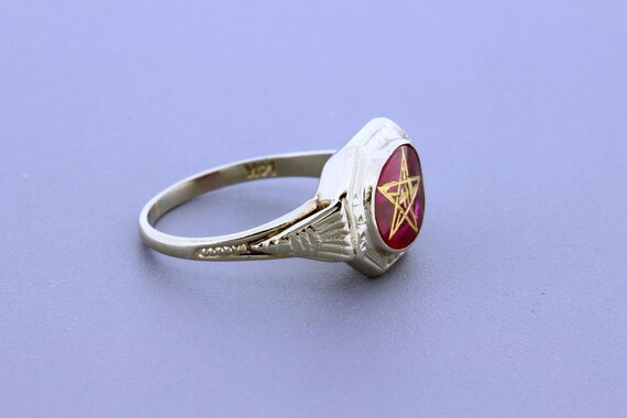 1920s Masonic Red Glass Center 14K Gold Ring - Gem