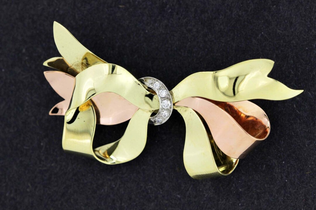 14K Two Tone Gold Small Bow Brooch With Pave Set Diamonds - Etsy