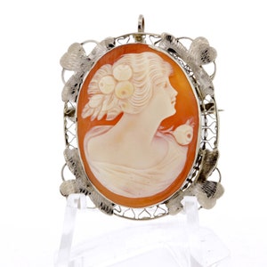 14K White Gold Cameo Carved Shell Brooch With Heart Filigree Peony ...