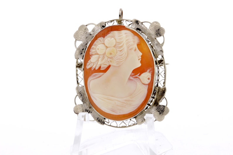 14K White Gold Cameo Carved Shell Brooch With Heart Filigree - Etsy