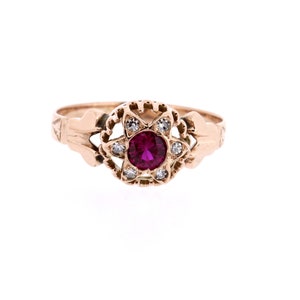 Victorian Era Synthetic Red Ruby Ring With Diamond Accents in 18K Gold ...