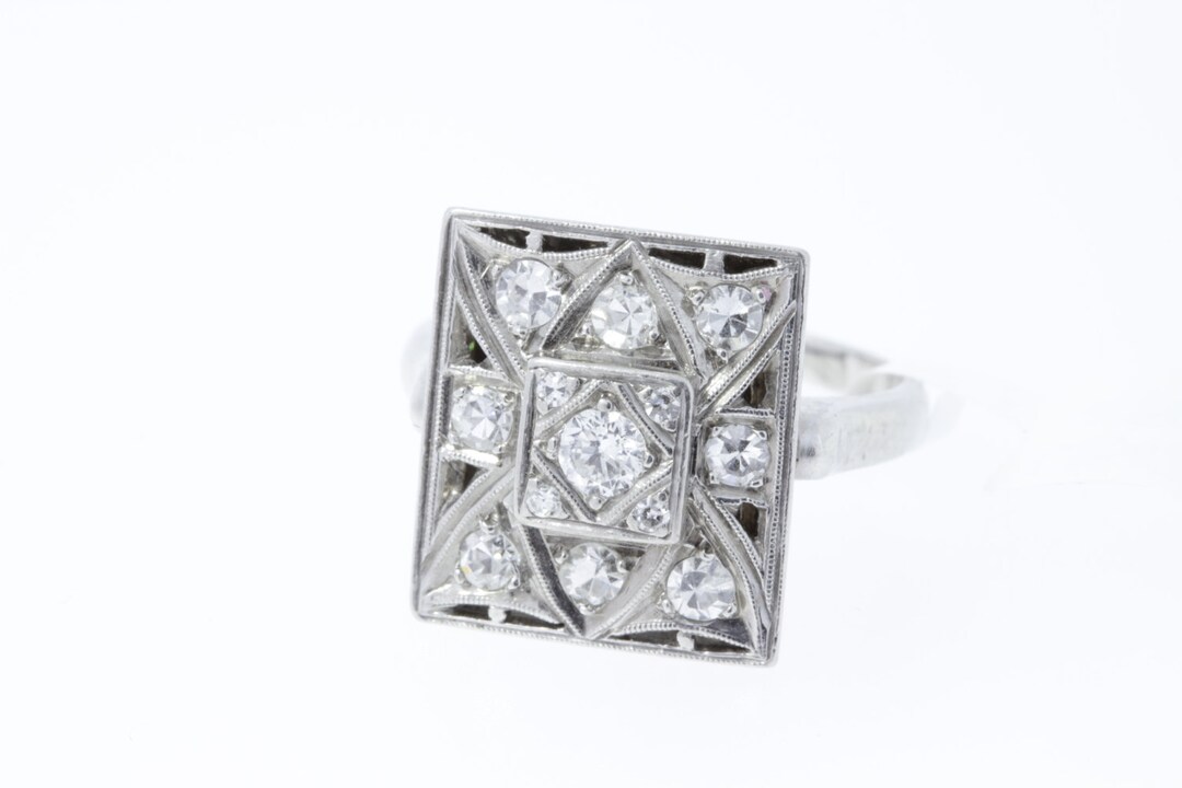 Stylized Triangles Rectangle Ring With Diamonds Platinum - Etsy