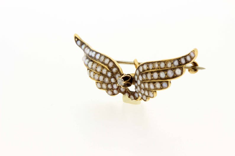 Diamond and Pearl Angel Wing Pin 14K Yellow Gold - Etsy