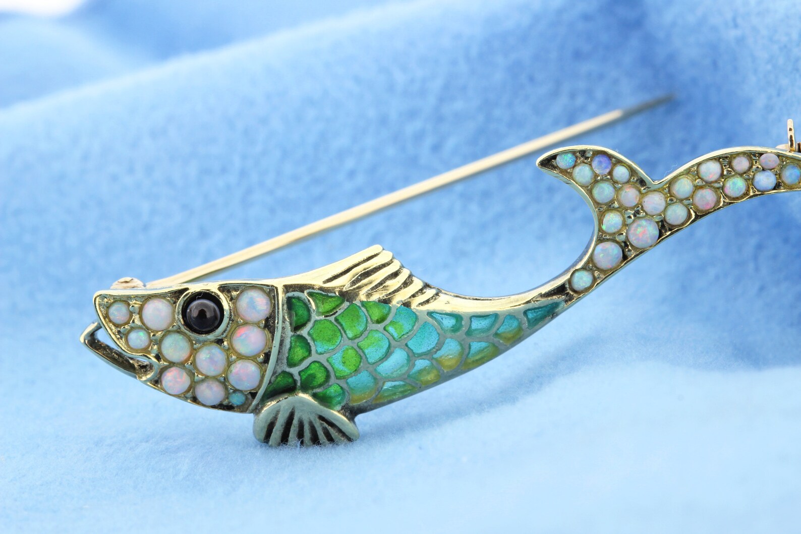 14 Karat Yellow Gold Long Fish Brooch Plique-à-jour Enamel Opal and ...