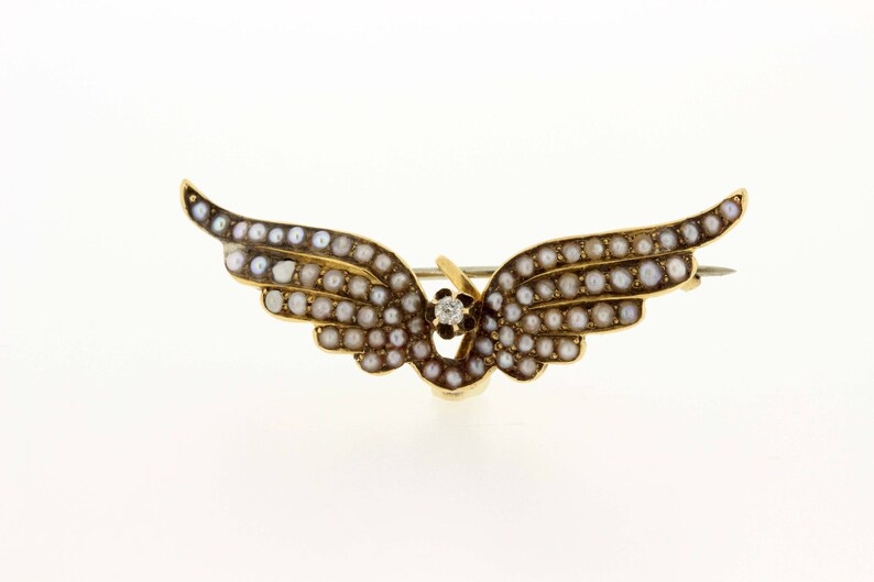 Diamond and Pearl Angel Wing Pin 14K Yellow Gold - Etsy
