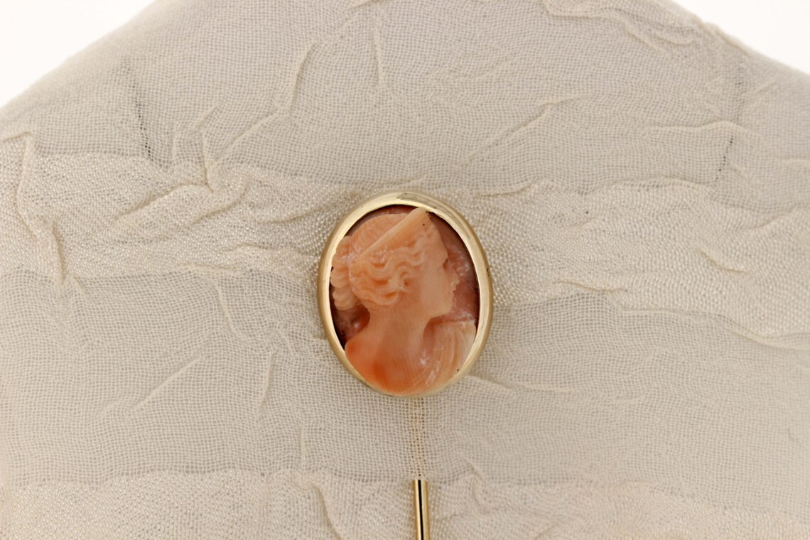 14K Stick Pin With Light Peach Coral Carved Female Bust Bezel - Etsy