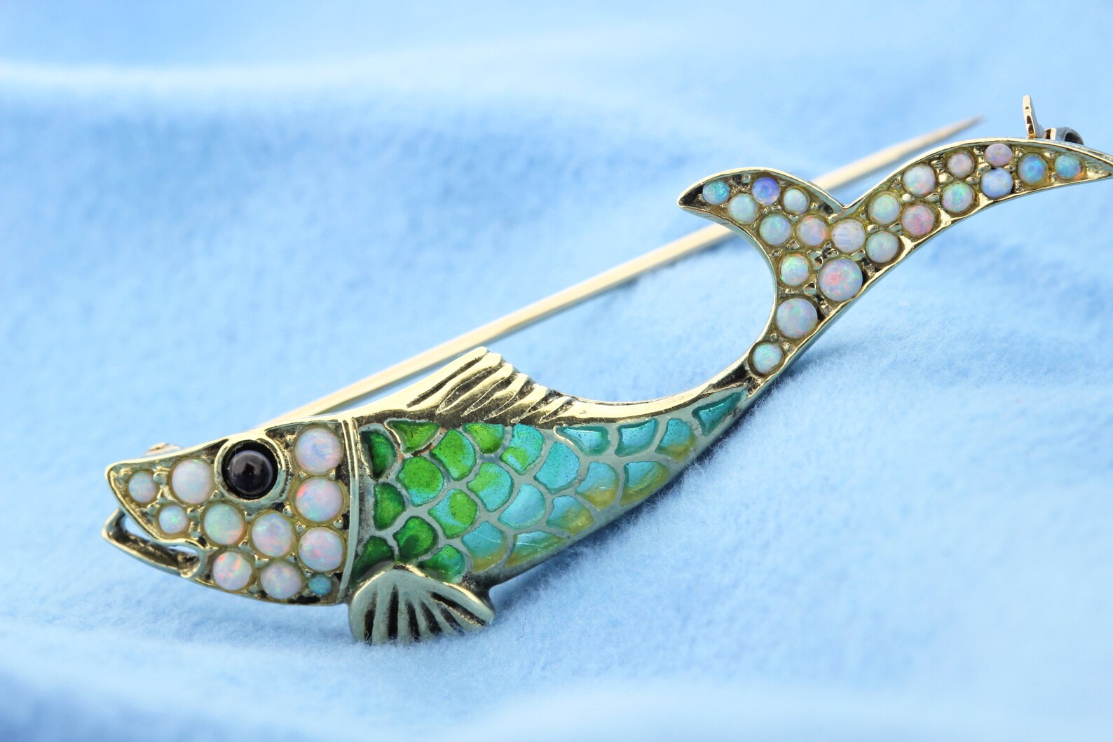 14 Karat Yellow Gold Long Fish Brooch Plique-à-jour Enamel Opal and ...