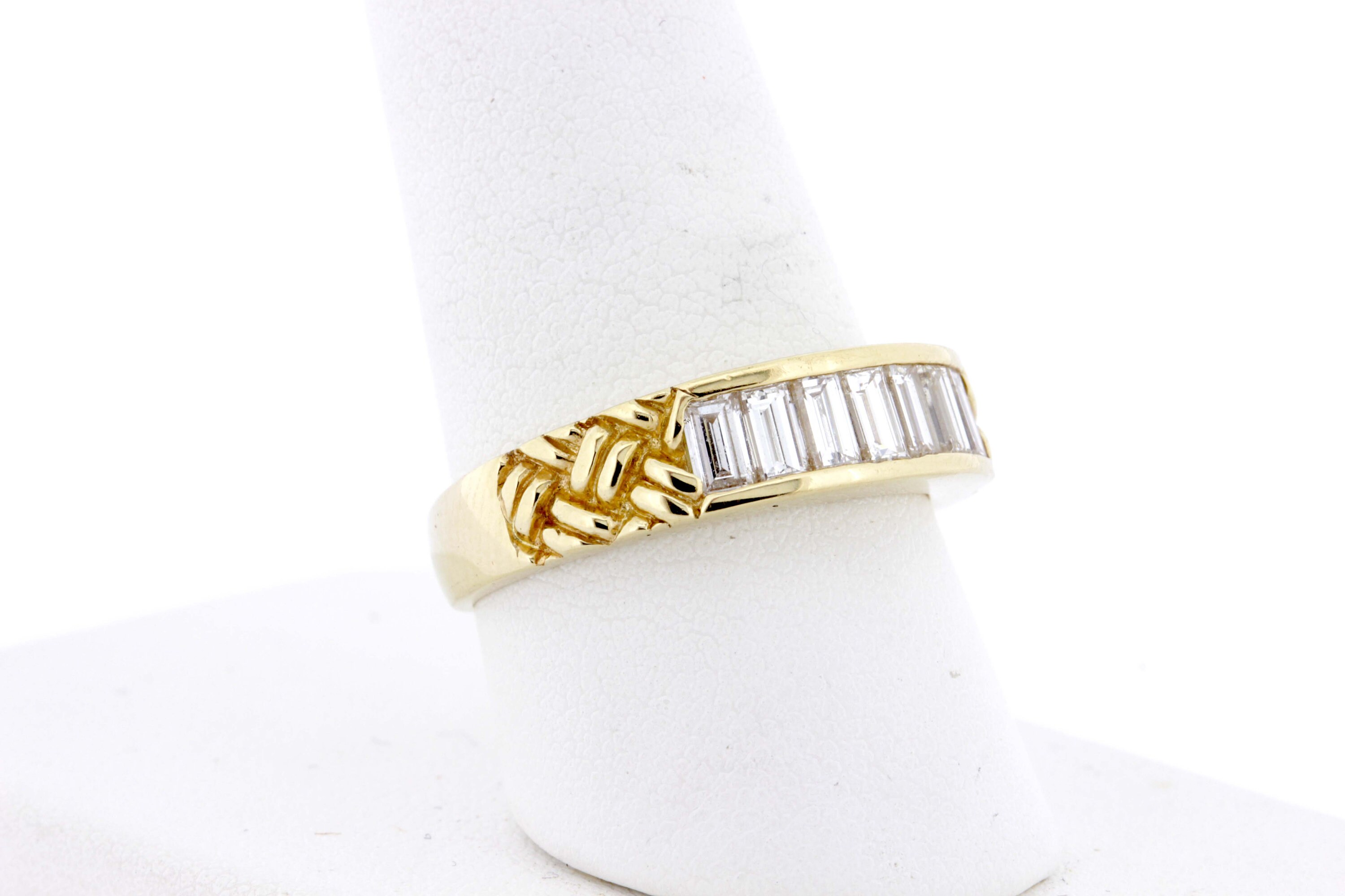 14K Yellow Gold Woven Crosshatch Design White Diamond Baguette | Etsy