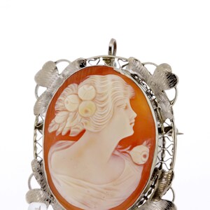 14K White Gold Cameo Carved Shell Brooch With Heart Filigree Peony ...