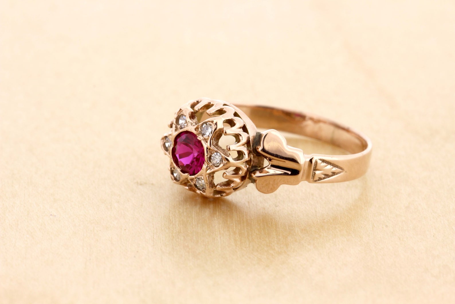 Victorian Era Synthetic Red Ruby Ring With Diamond Accents in | Etsy