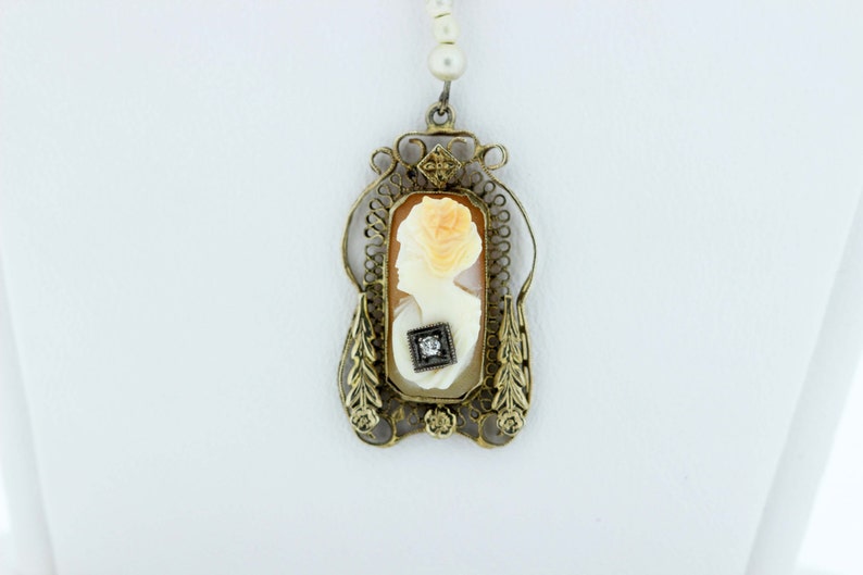 14K Gold Filigree and Cameo Pendant With Diamond and Pearls - Etsy