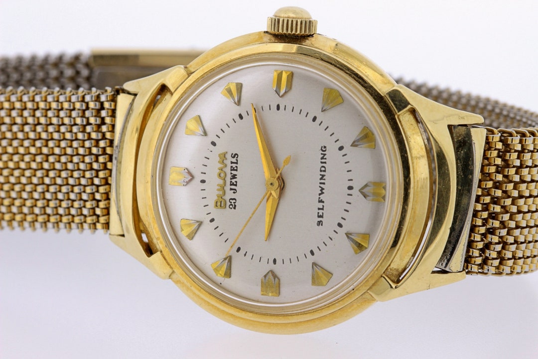 1950s Bulova Wrist Watch Self Winding 23 Jeweled Movement 14K Gold Case ...