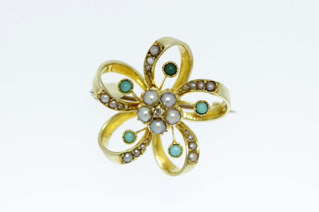 18K Yellow Gold Flower Brooch With Pearls and Turquoise - Etsy