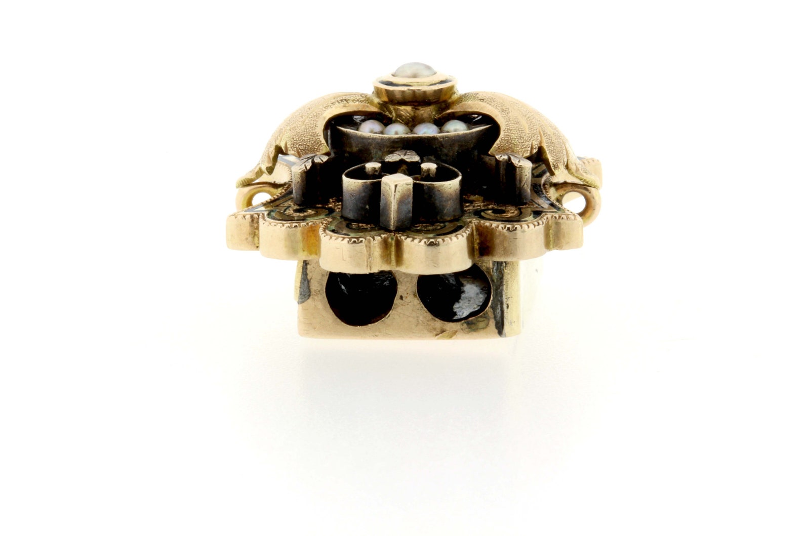 14K Gold Bolo Hearts and Clover Slide With Pearls and Black Enamel ...