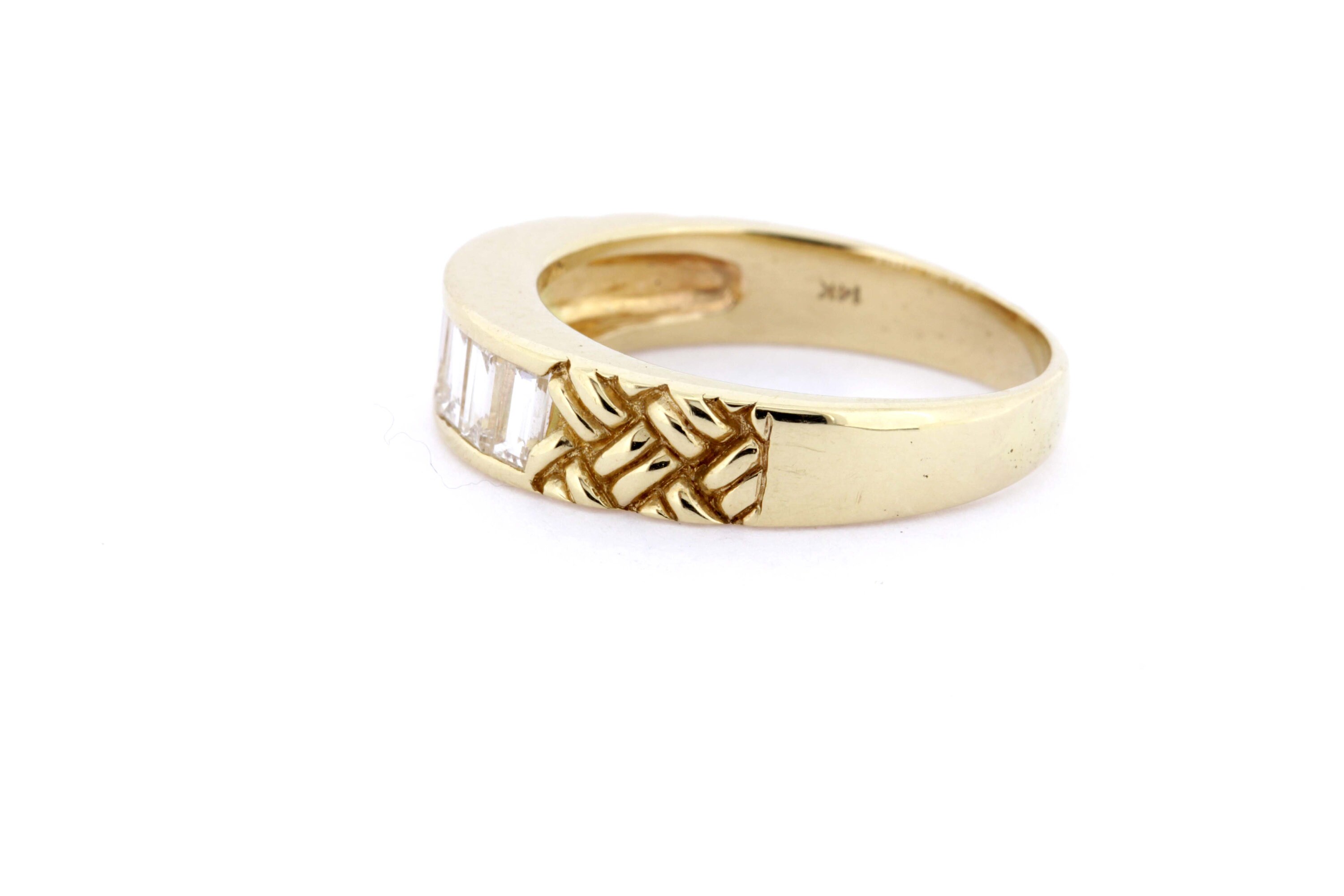 14K Yellow Gold Woven Crosshatch Design White Diamond Baguette Band ...