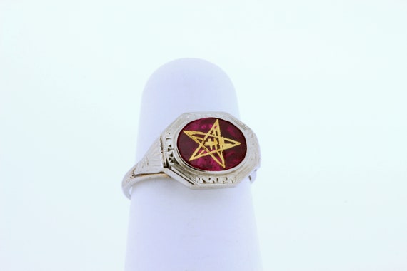 1920s Masonic Red Glass Center 14K Gold Ring - Gem