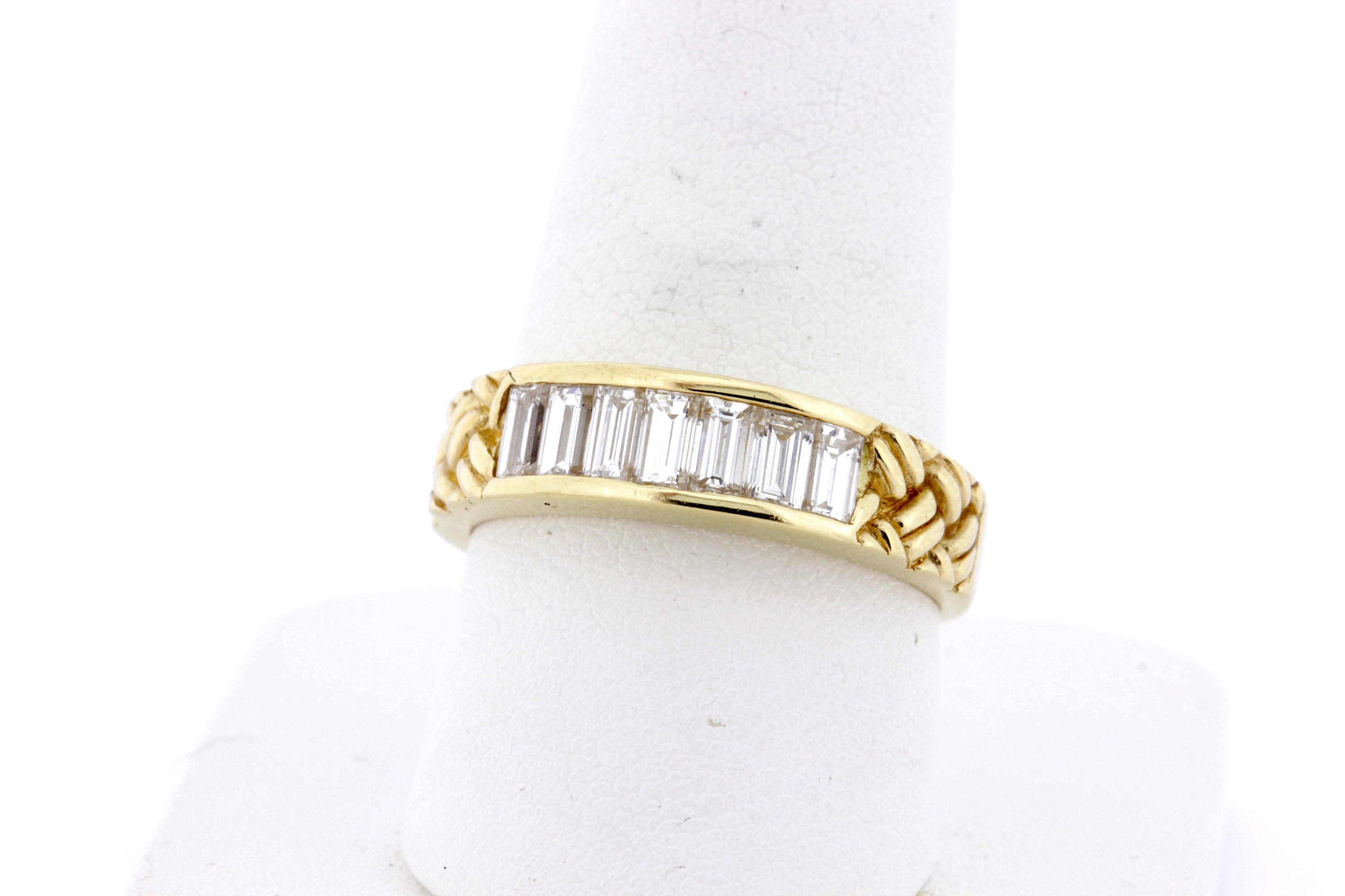 14K Yellow Gold Woven Crosshatch Design White Diamond Baguette | Etsy
