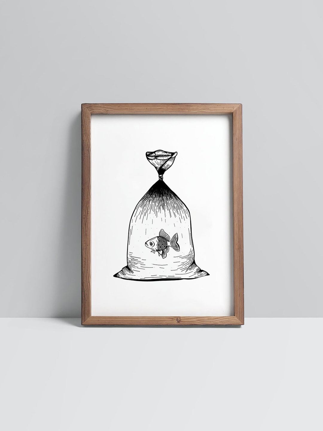 FISH BAG Art Print - Digitally Illustrated Black and White, 8.5x11 ...
