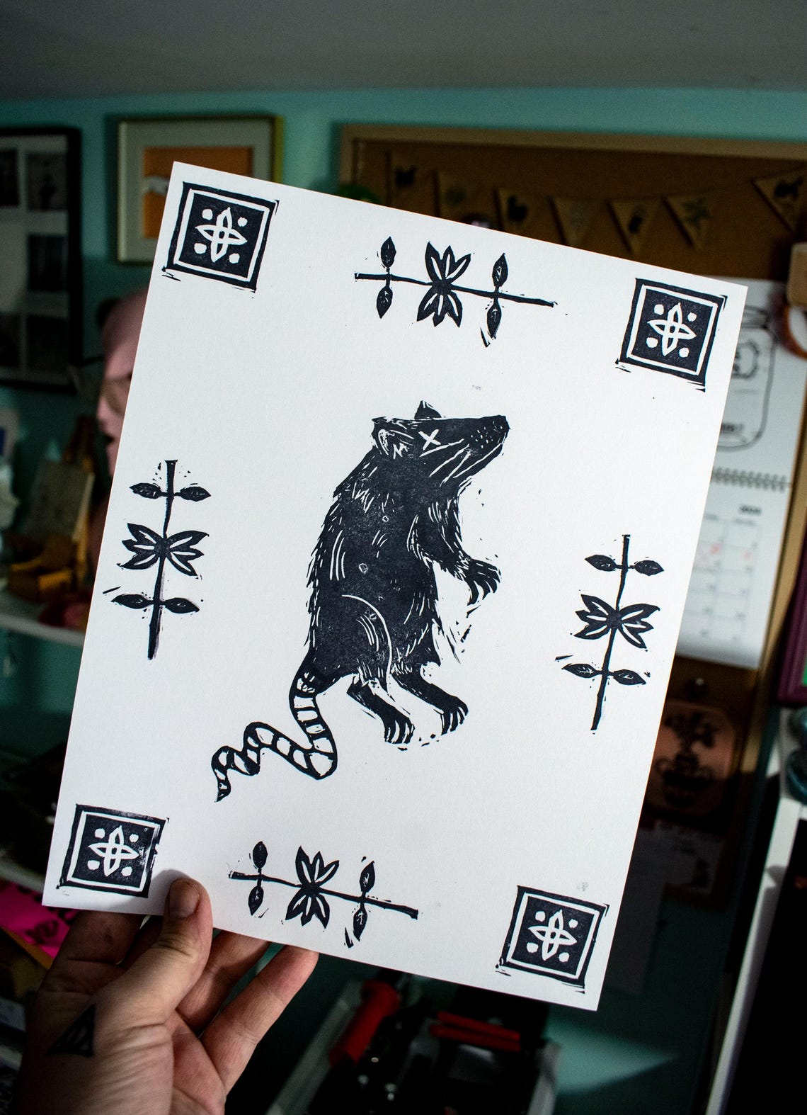 Rat Linocut Print - 8.5x11 Hand Carved Linocut Print, Hand Stamped on ...