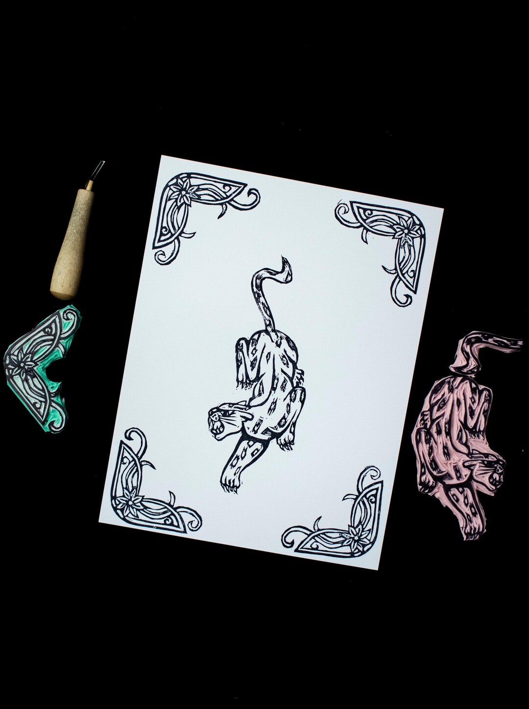 Leopard/panther Linocut Print - 8.5x11 Hand Carved Linocut Print, Hand ...