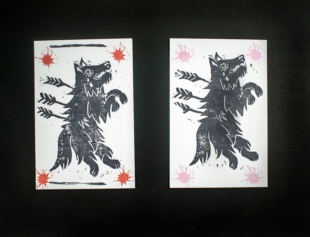 Wolf Linocut Mini Print - 4x6 Hand Carved Linocut Print, Stamped on ...