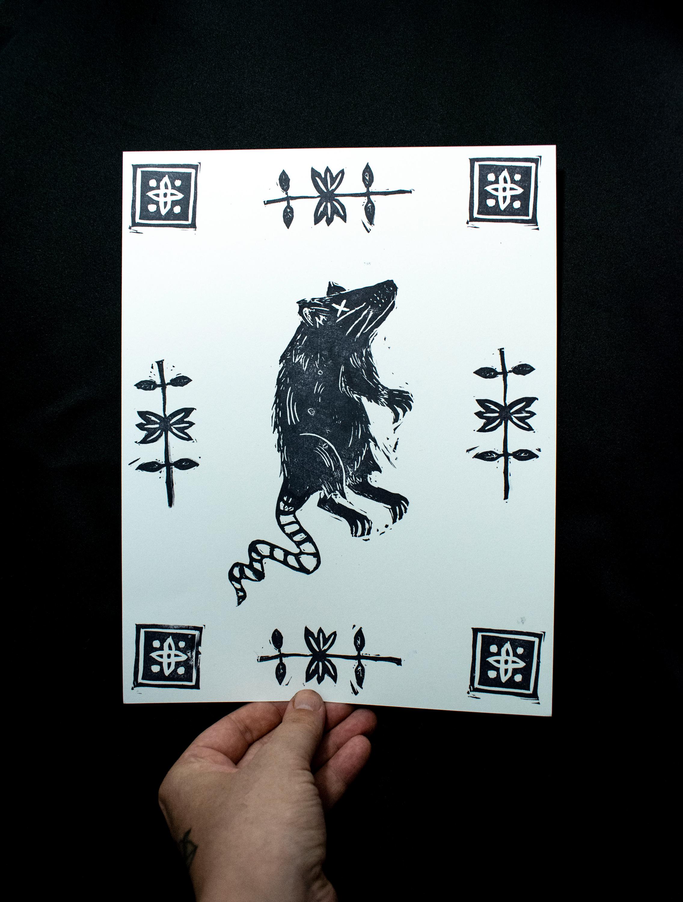 Rat Linocut Print - 8.5x11 Hand Carved Linocut Print, Hand Stamped on ...