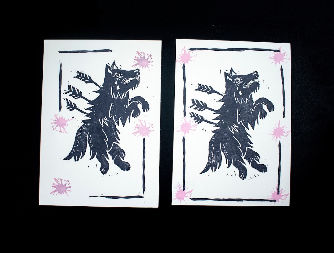 Wolf Linocut Mini Print - 5x7 Hand Carved Linocut Print, Stamped ...