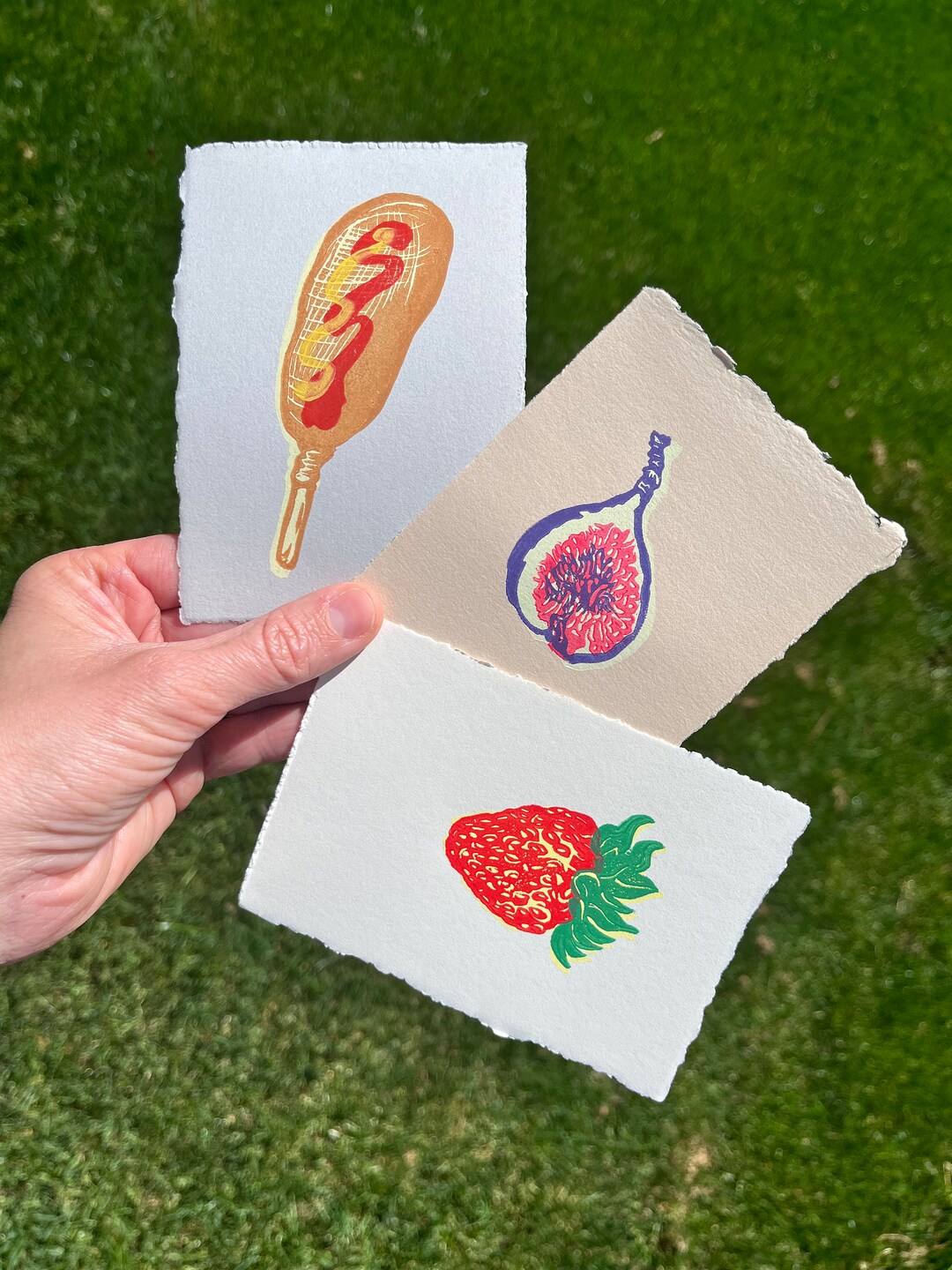 Mini Food Linoleum Block Relief Print Corndog, Strawberry, Fig - Etsy