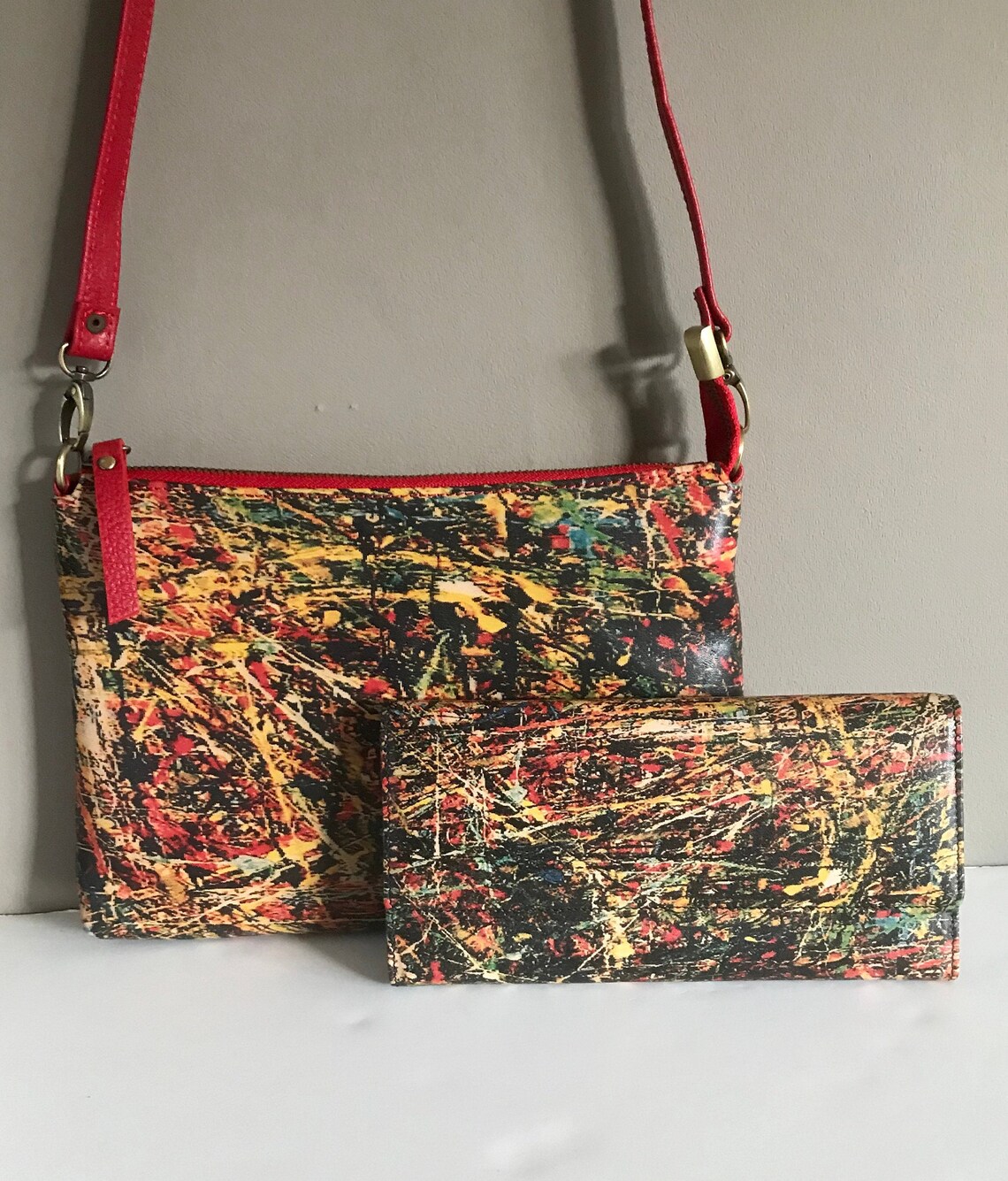 Multicolor Bag Red Cross Body Bag Abstract Pattern Shoulder Bag Red ...