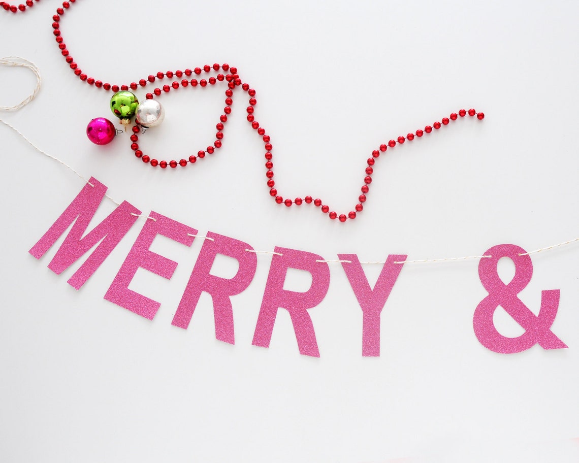 Christmas Garland Pink MERRY AND BRIGHT Banner Handmade - Etsy