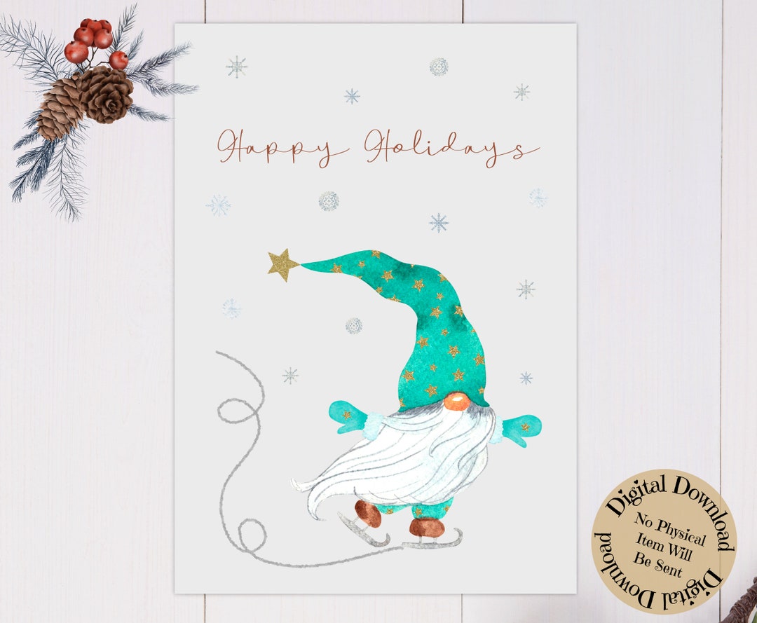 Cute Printable Ice Skating Gnome Christmas Card, Digital Holiday Card ...