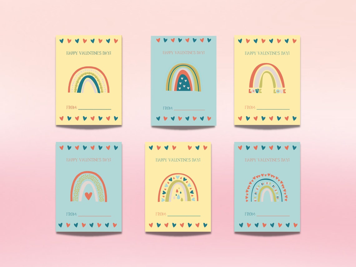 Kids Valentines Cards Boho Rainbow Valentines Pastel Valentine Instant ...