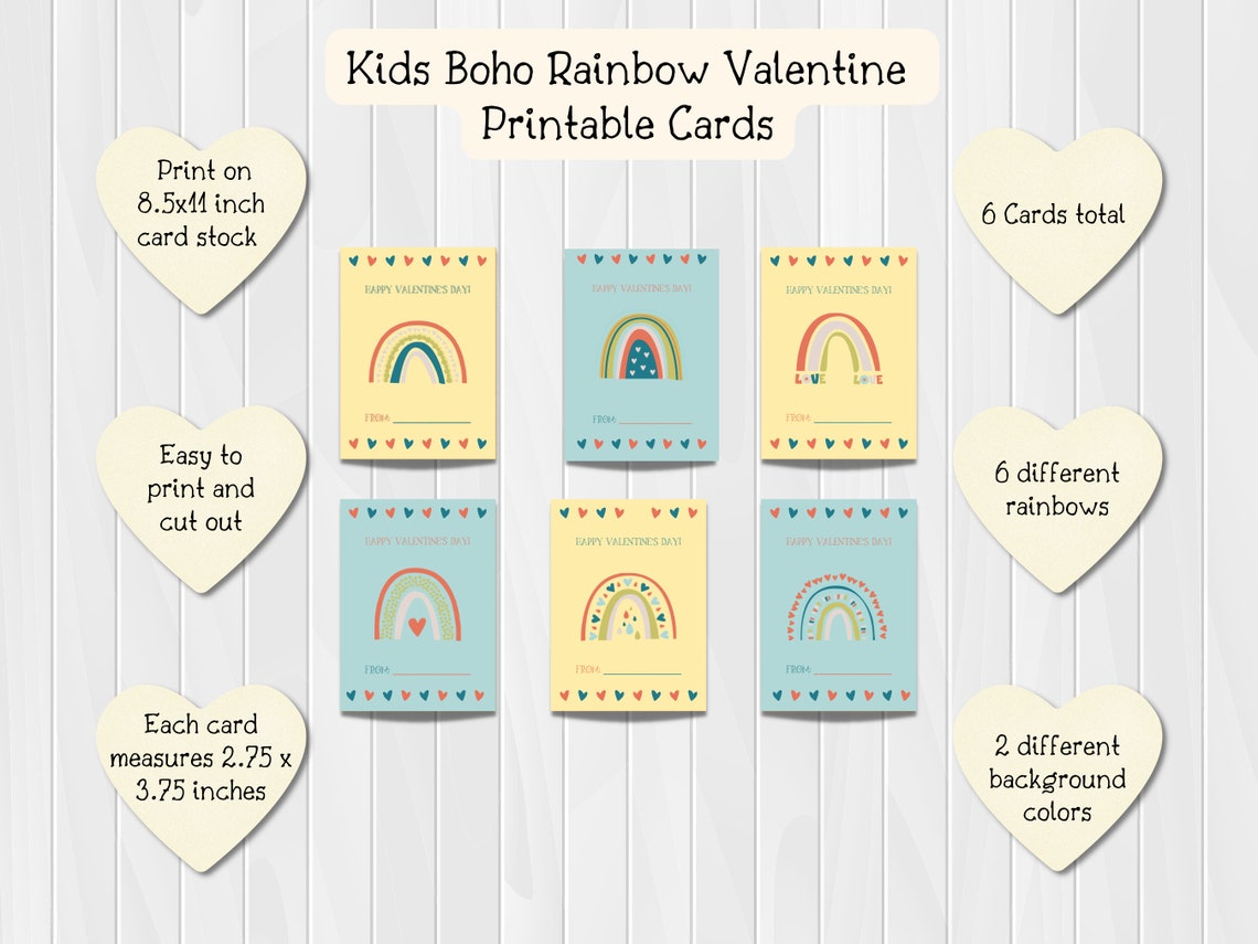 Kids Valentines Cards Boho Rainbow Valentines Pastel Valentine Instant ...