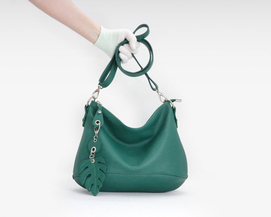 Green Leather Hobo Bag, Zippered Women's Handbag, Slouch Crossbody Bag ...
